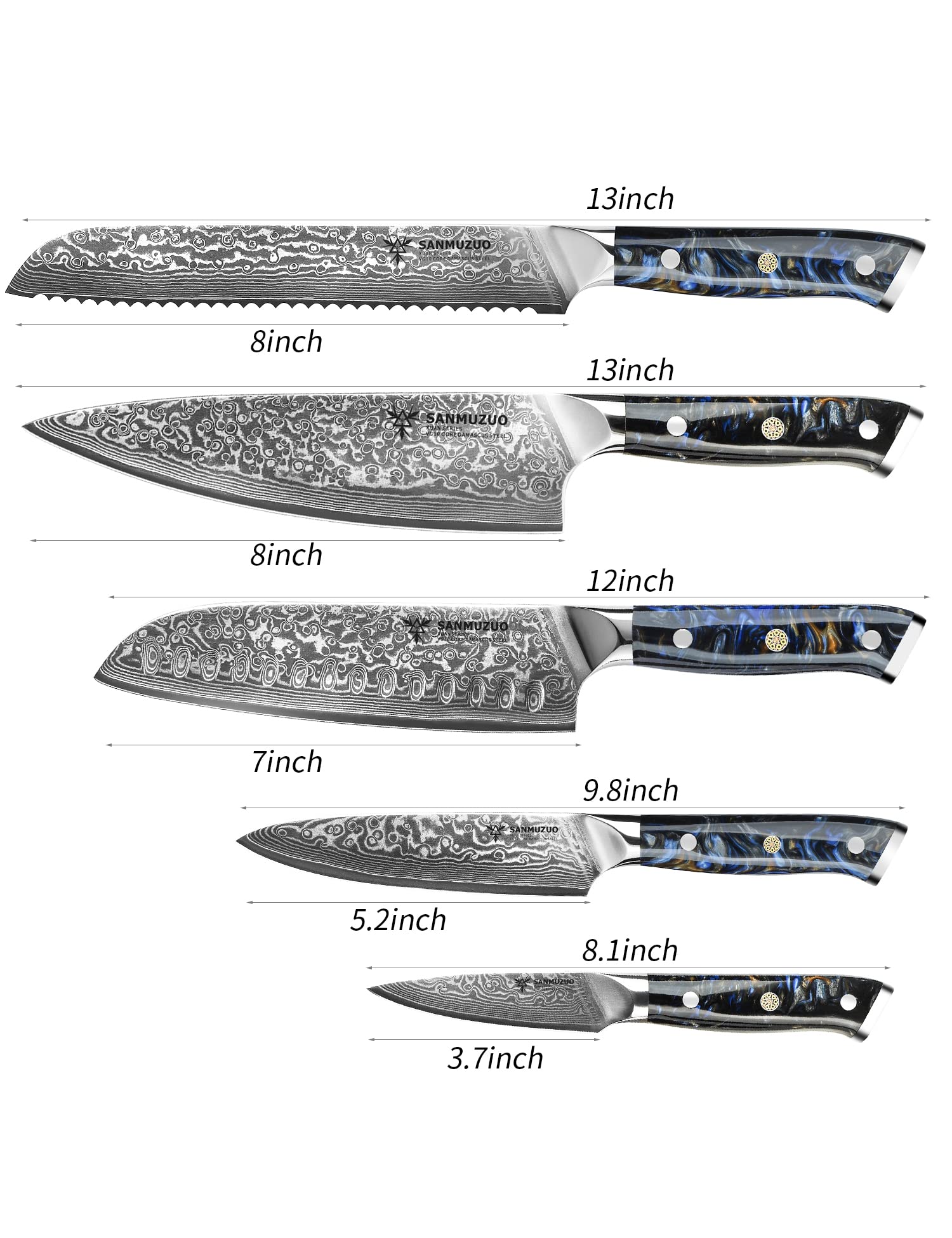 SANMUZUO Chef Cooking Knives Set- Kitchen Knife Set of 5 Piece - Ultra-Sharp VG10 Damascus Steel & Resin Handle - Xuan Series (Starry Black)