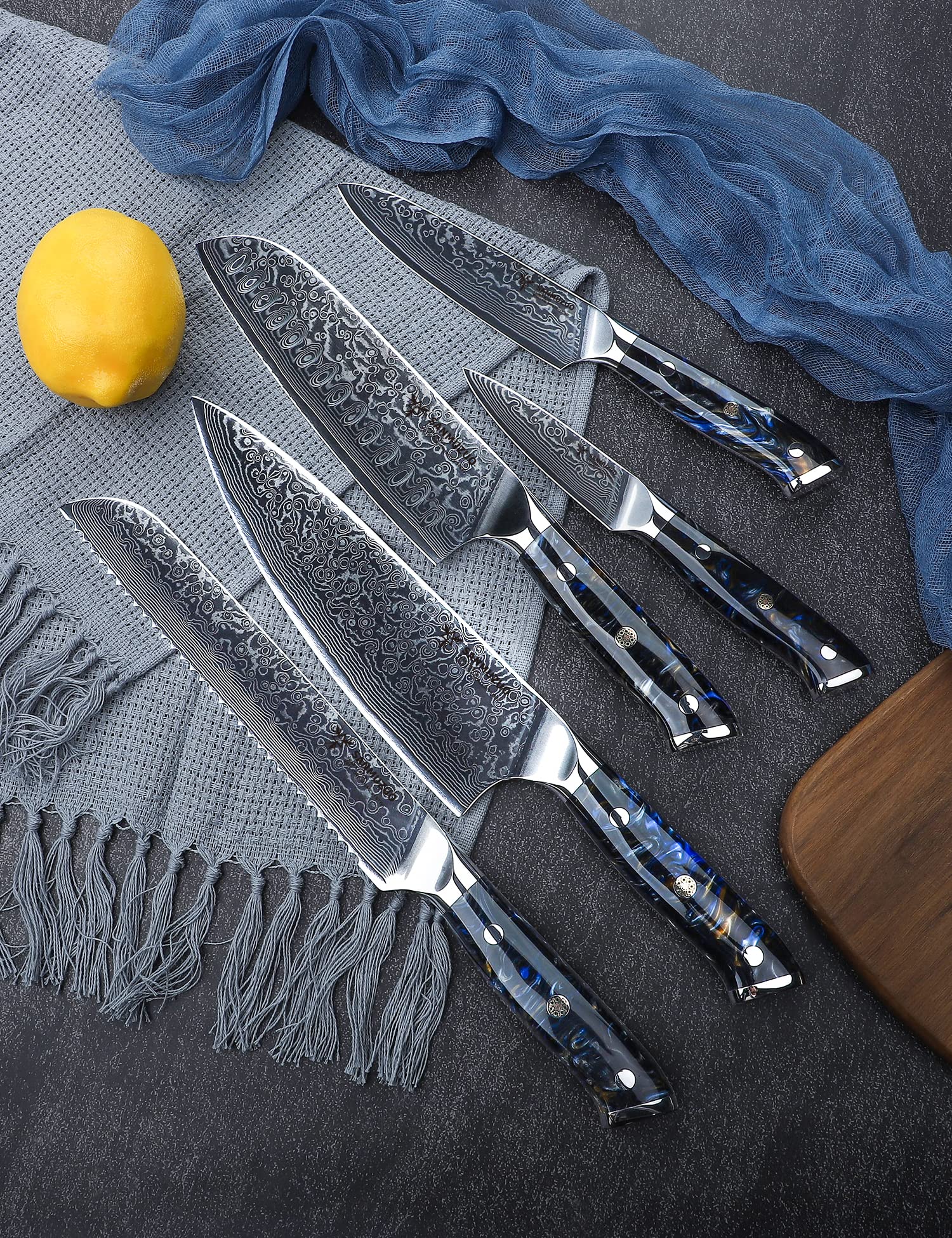 SANMUZUO Chef Cooking Knives Set- Kitchen Knife Set of 5 Piece - Ultra-Sharp VG10 Damascus Steel & Resin Handle - Xuan Series (Starry Black)