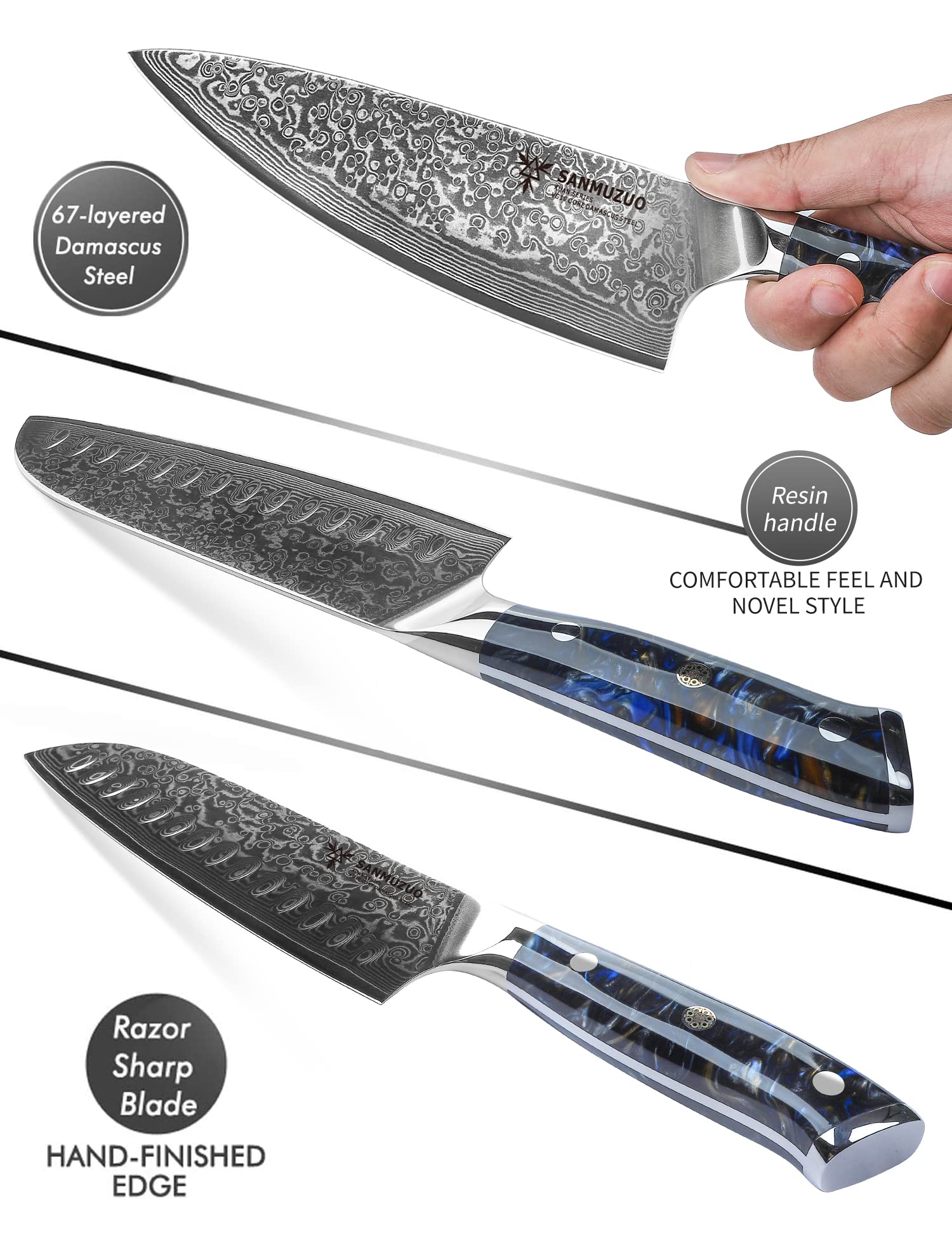 SANMUZUO Chef Cooking Knives Set- Kitchen Knife Set of 5 Piece - Ultra-Sharp VG10 Damascus Steel & Resin Handle - Xuan Series (Starry Black)