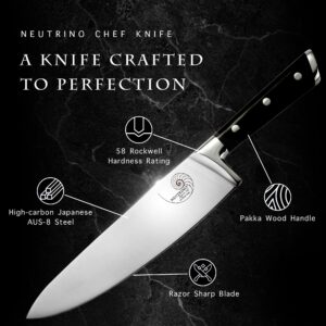 NEUTRINO Pro Chef Knife, 8-Inch Blade, High Carbon Japanese Stainless Steel, Full Tang Handle, Razor Sharp Kitchen Knife for Chopping & Dicing