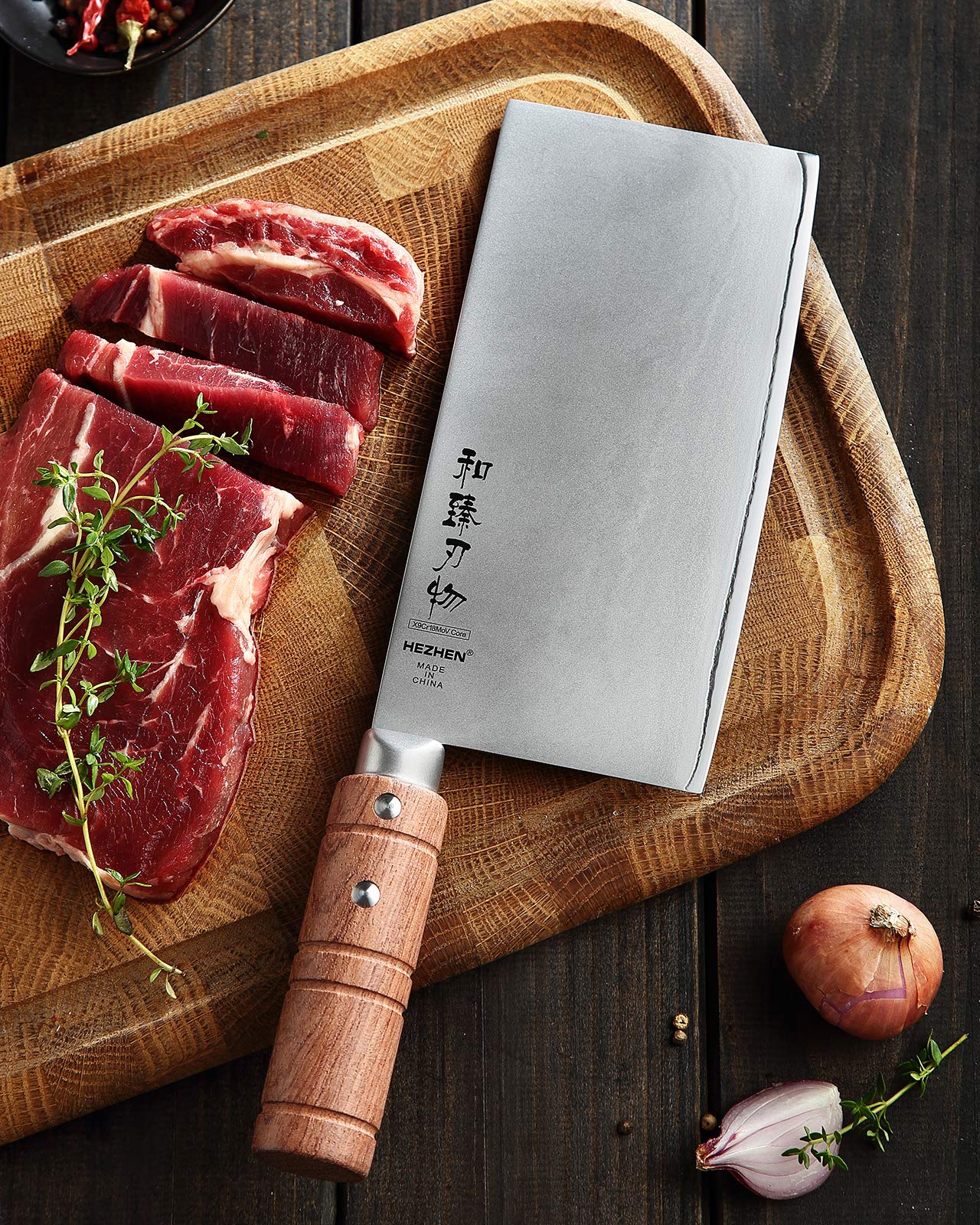 HEZHEN 7" Cleaver Knife, Composite Steel Chinese Kitchen Chef Knife, Clad Steel Butcher Knife, Padauk Wood Handle