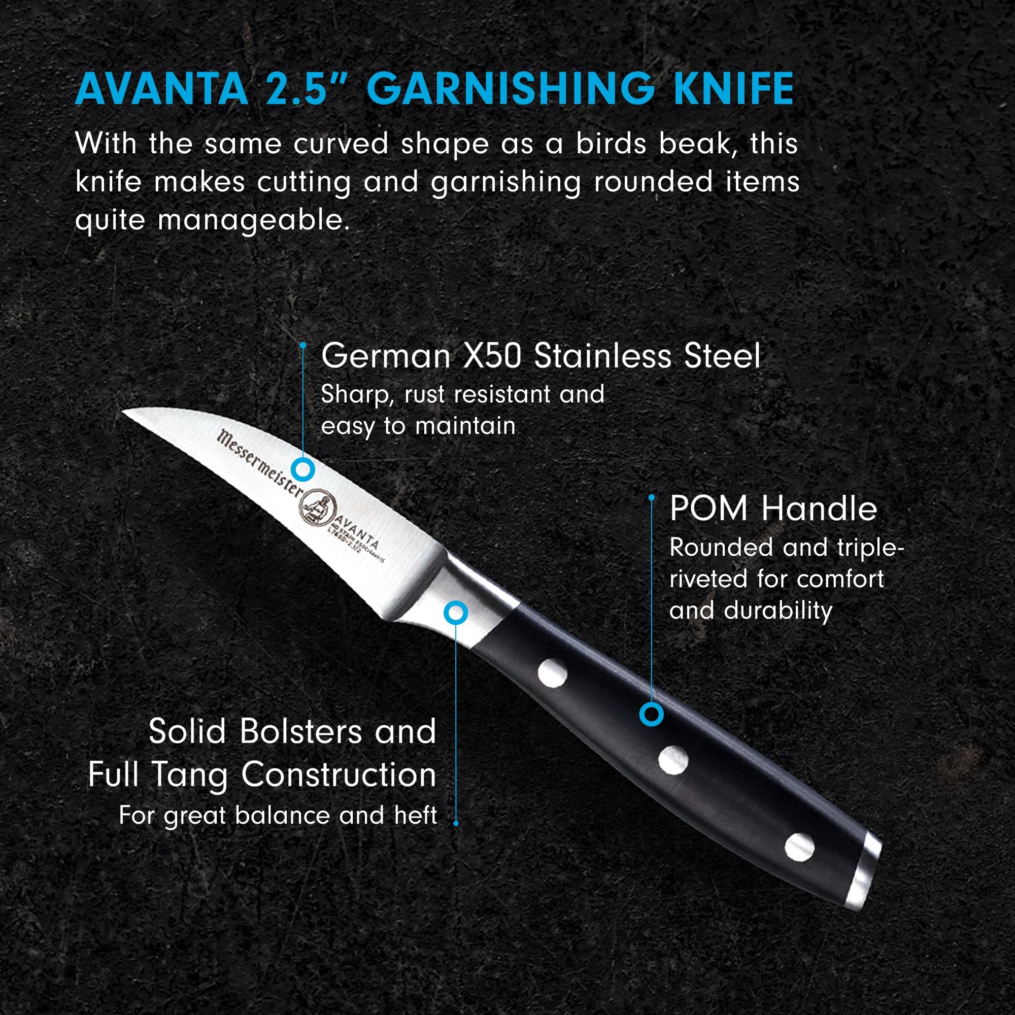 Messermeister Avanta 2.5” Garnishing Knife - German X50 Stainless Steel - Rust Resistant & Easy to Maintain