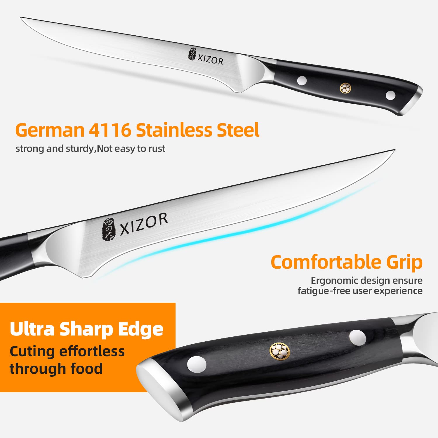 XIZOR Boning Knife 6 inch DeBoning & Fillet Knife, German High Carbon Stainless Steel Blade, Razor Sharp Kitchen Cooking Knife, Ergonomic Full Tang Handle Design with Gift Box