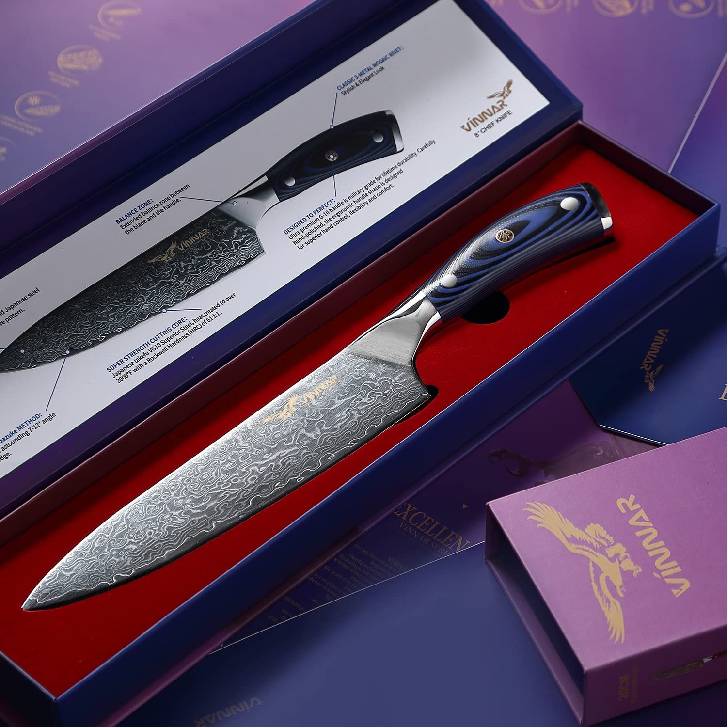 VINNAR Damascus Chef Knife, Japanese VG-10 Super Sharp 8 inch Professional Kitchen Knives, Ergonomic Blue G10 Handle，Sharpest Cooking Knife Best Choice for Home Kitchen and Restaurant