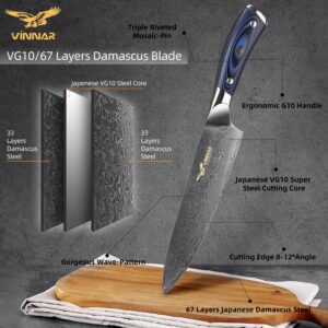 VINNAR Damascus Chef Knife, Japanese VG-10 Super Sharp 8 inch Professional Kitchen Knives, Ergonomic Blue G10 Handle，Sharpest Cooking Knife Best Choice for Home Kitchen and Restaurant