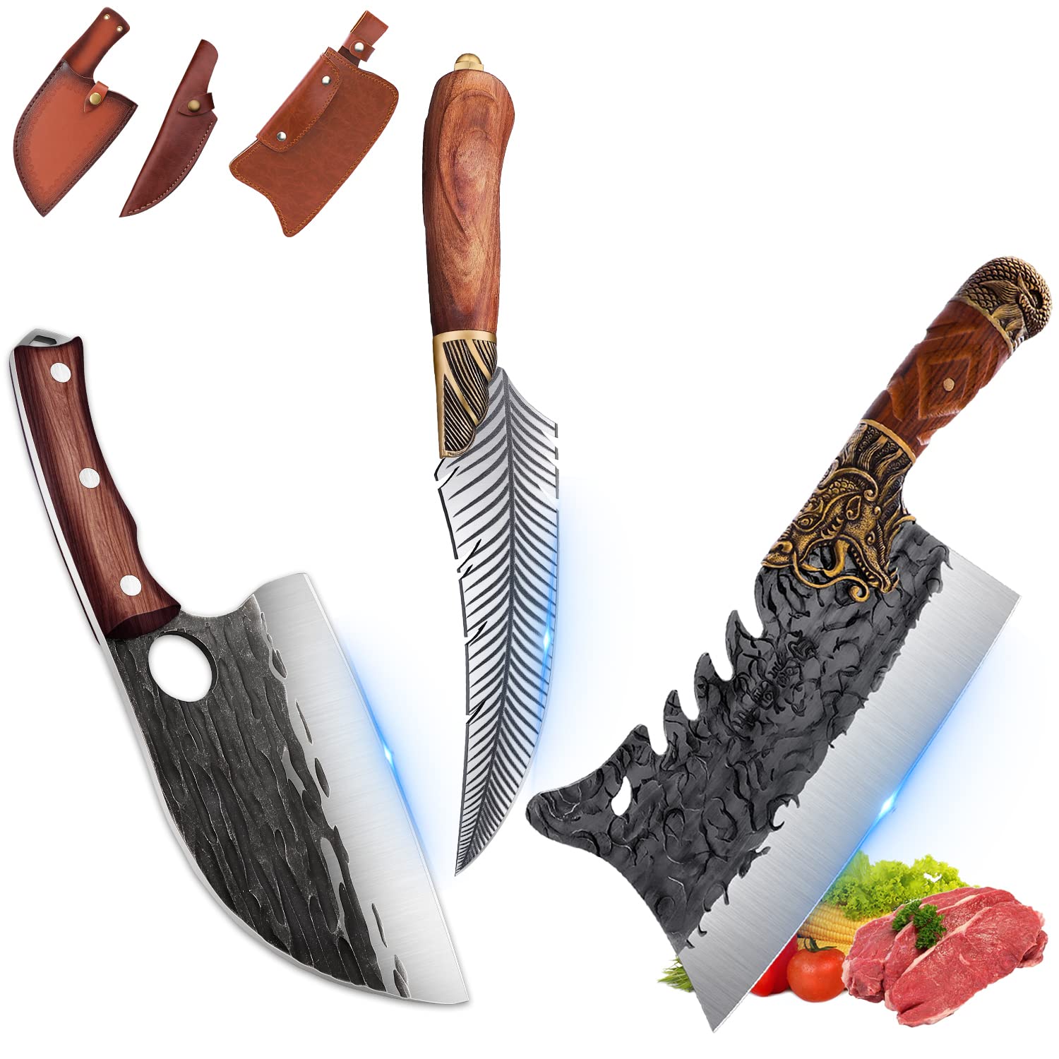 Japanese Feather Viking Dragon Boning Cleaver Serbian Chef Knife Set Forged in Fire with Sheath for Outdoor Camping BBQ Christmas Gift Men