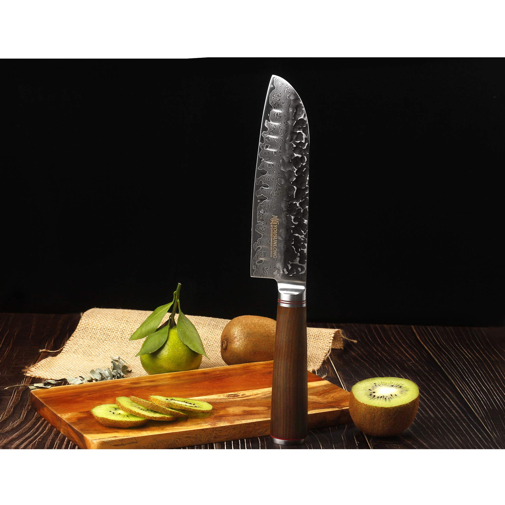 YOUSUNLONG Santoku Knives 7 inch Professional Chef Knife - Japanese Hammered Damascus Steel Blade - Natural Walnut Wooden Handle