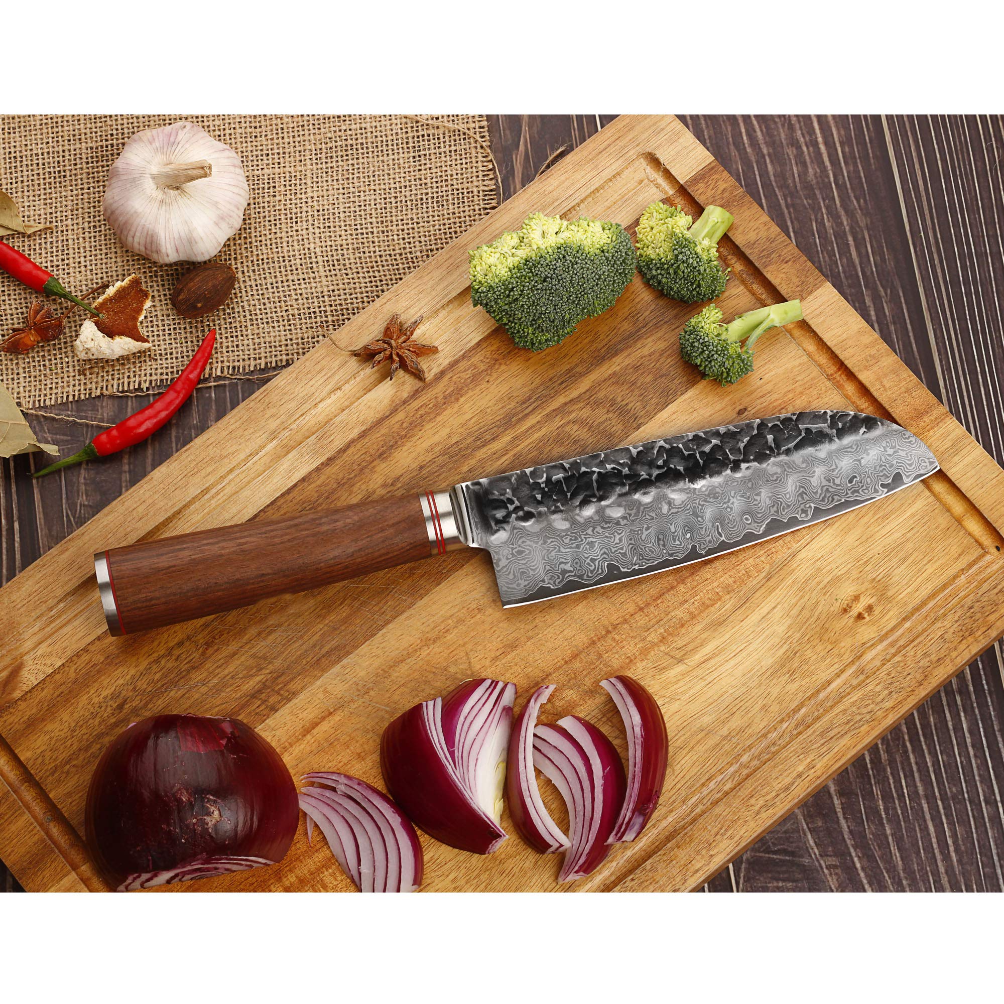 YOUSUNLONG Santoku Knives 7 inch Professional Chef Knife - Japanese Hammered Damascus Steel Blade - Natural Walnut Wooden Handle