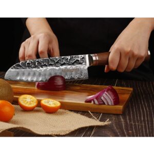 YOUSUNLONG Santoku Knives 7 inch Professional Chef Knife - Japanese Hammered Damascus Steel Blade - Natural Walnut Wooden Handle