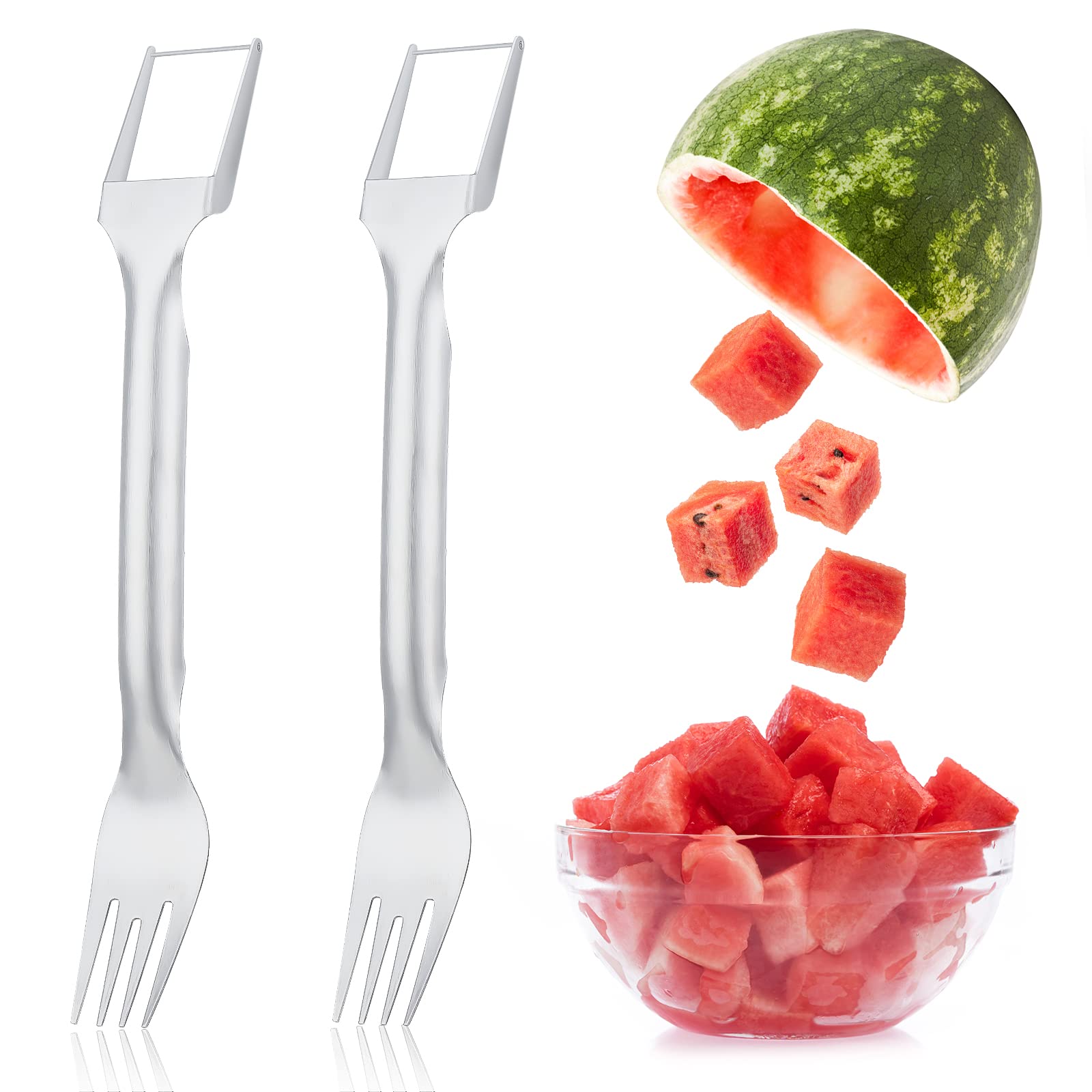 2 PCS 2-in-1 Watermelon Fork Slicer, Stainless Steel Watermelon Slicer Cutter Tool, Fruit Vegetable Cutting Fork for Family Parties Camping