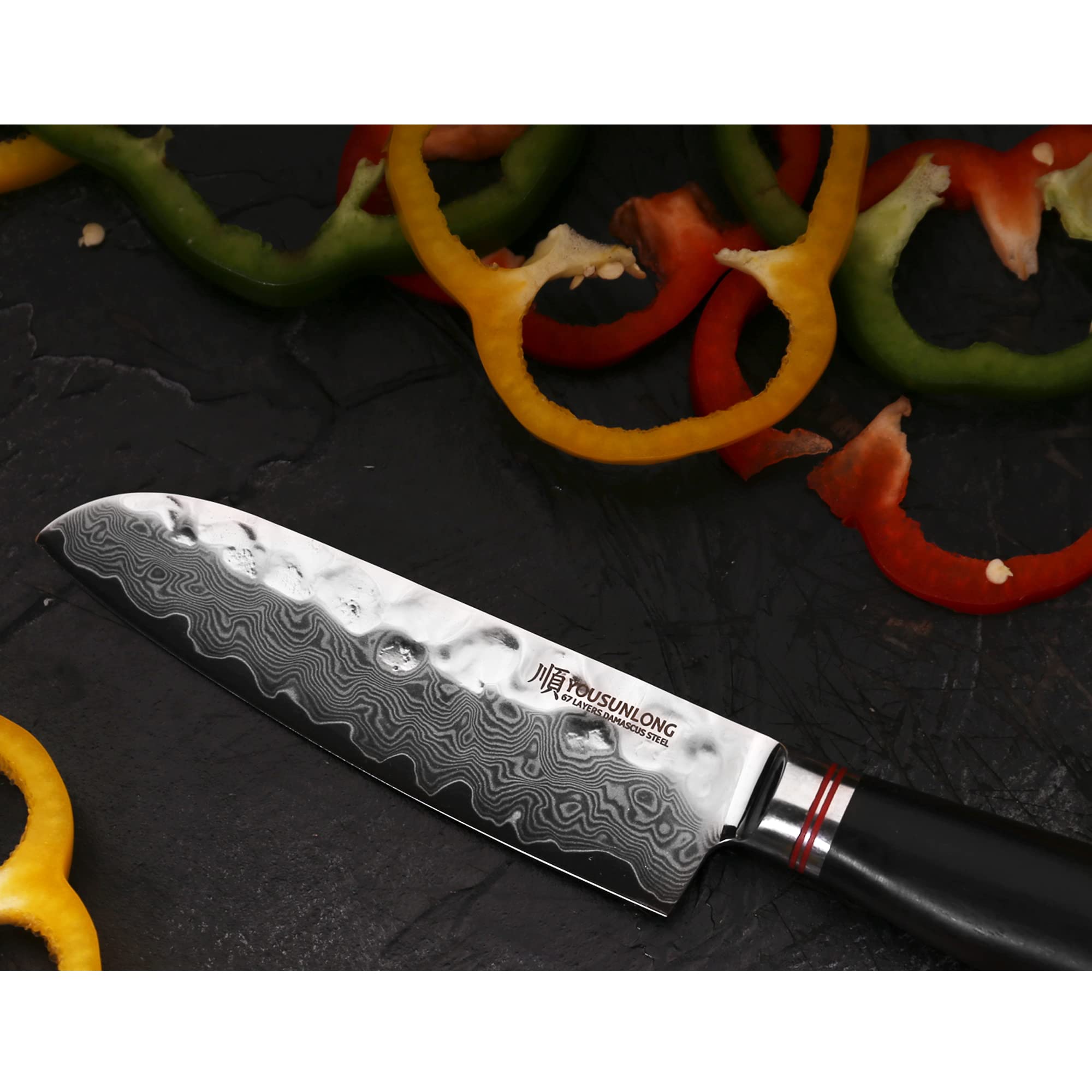 YOUSUNLONG Santoku Knife 5 inch Cutlery Knives Japanese 67 Layers Hammered Damascus Steel with Natural Leadwood