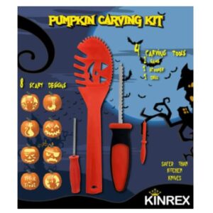 KINREX Pumpkin Carving Kit – Halloween Carve Tools Set For Kids & Adults, 8 Paper Stencils Patterns Designs Templates Jack o Lantern Decoration, Includes Small & Big Saw Tool, Scooper & Drill