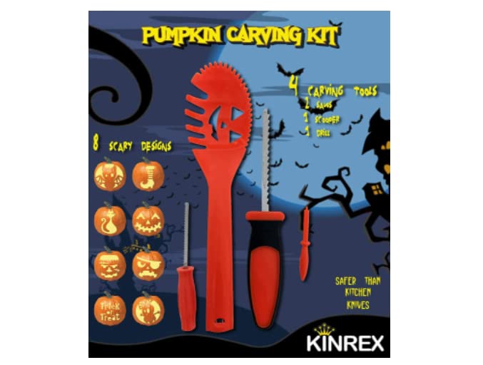 KINREX Pumpkin Carving Kit – Halloween Carve Tools Set For Kids & Adults, 8 Paper Stencils Patterns Designs Templates Jack o Lantern Decoration, Includes Small & Big Saw Tool, Scooper & Drill