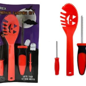 KINREX Pumpkin Carving Kit – Halloween Carve Tools Set For Kids & Adults, 8 Paper Stencils Patterns Designs Templates Jack o Lantern Decoration, Includes Small & Big Saw Tool, Scooper & Drill