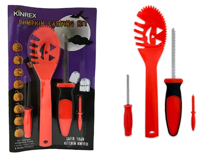 KINREX Pumpkin Carving Kit – Halloween Carve Tools Set For Kids & Adults, 8 Paper Stencils Patterns Designs Templates Jack o Lantern Decoration, Includes Small & Big Saw Tool, Scooper & Drill