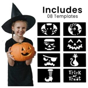 KINREX Pumpkin Carving Kit – Halloween Carve Tools Set For Kids & Adults, 8 Paper Stencils Patterns Designs Templates Jack o Lantern Decoration, Includes Small & Big Saw Tool, Scooper & Drill