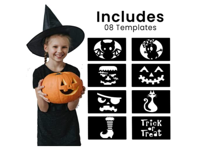 KINREX Pumpkin Carving Kit – Halloween Carve Tools Set For Kids & Adults, 8 Paper Stencils Patterns Designs Templates Jack o Lantern Decoration, Includes Small & Big Saw Tool, Scooper & Drill