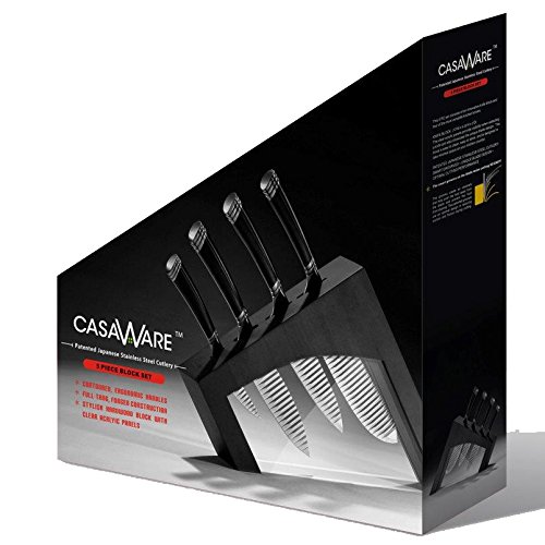 Casaware 5pc Knife Block Set (All Purpose, Chef, Serrated Utility, Paring, Knife Block) (Black)