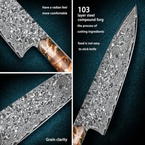 FZIZUO Professional Japanese Style Chef Knife,Full Tang 8.3 Inch Handmade VG10 Damascus Steel Blade Burl Wood Handle Gyuto Kitchen Knives with Sheath for Cooking