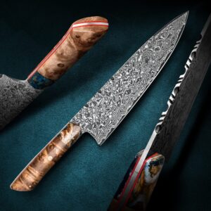 FZIZUO Professional Japanese Style Chef Knife,Full Tang 8.3 Inch Handmade VG10 Damascus Steel Blade Burl Wood Handle Gyuto Kitchen Knives with Sheath for Cooking