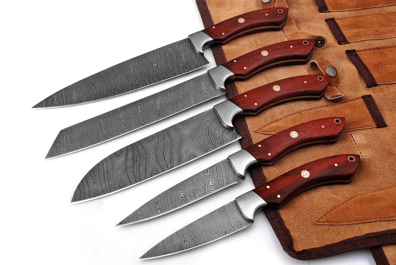 Handmade Damascus Steel Blade Kitchen Knife Set 5pcs Best Damascus Chef Knife Set Professional Kitchen Cooking Knives With Leather Case/Bag