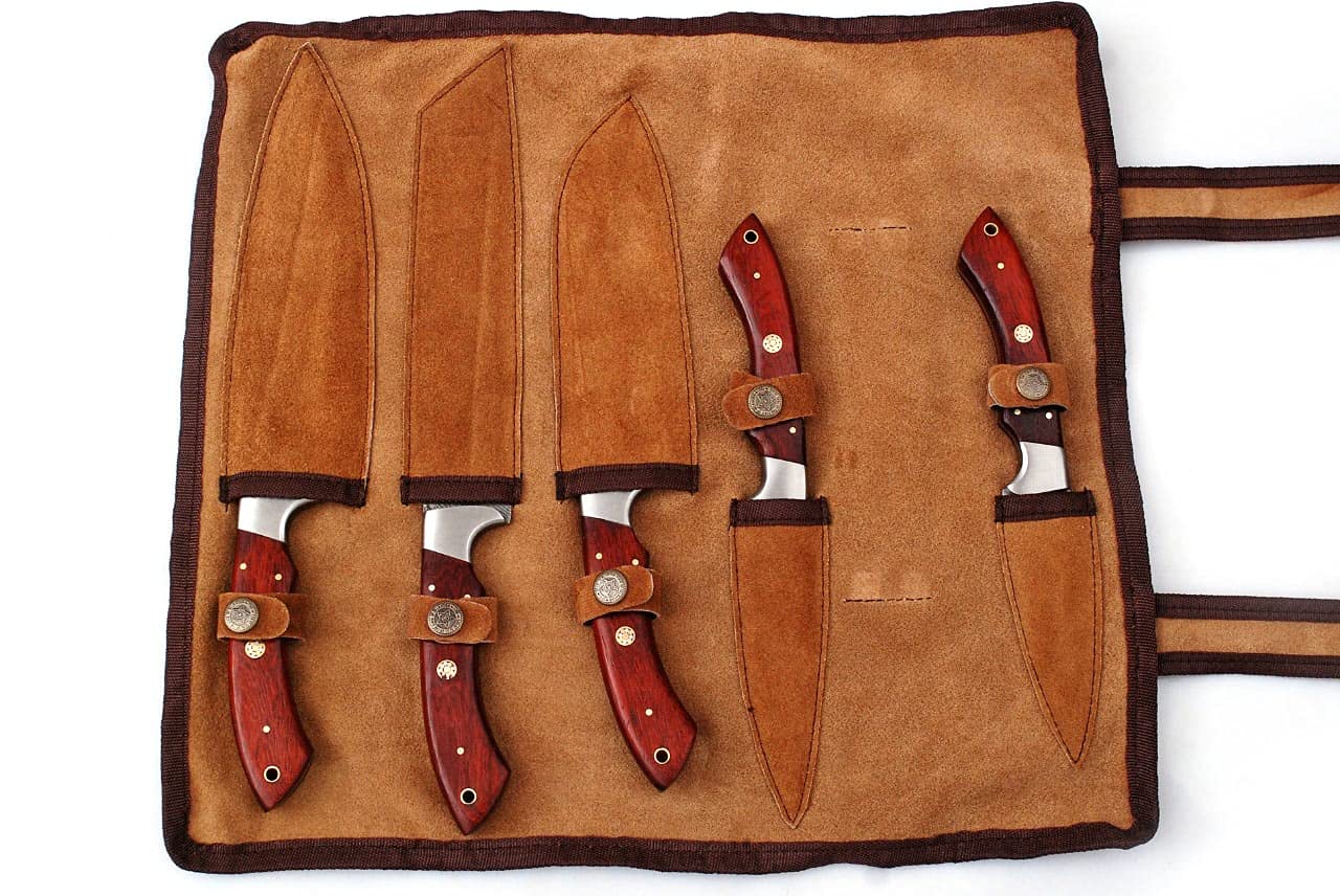 Handmade Damascus Steel Blade Kitchen Knife Set 5pcs Best Damascus Chef Knife Set Professional Kitchen Cooking Knives With Leather Case/Bag