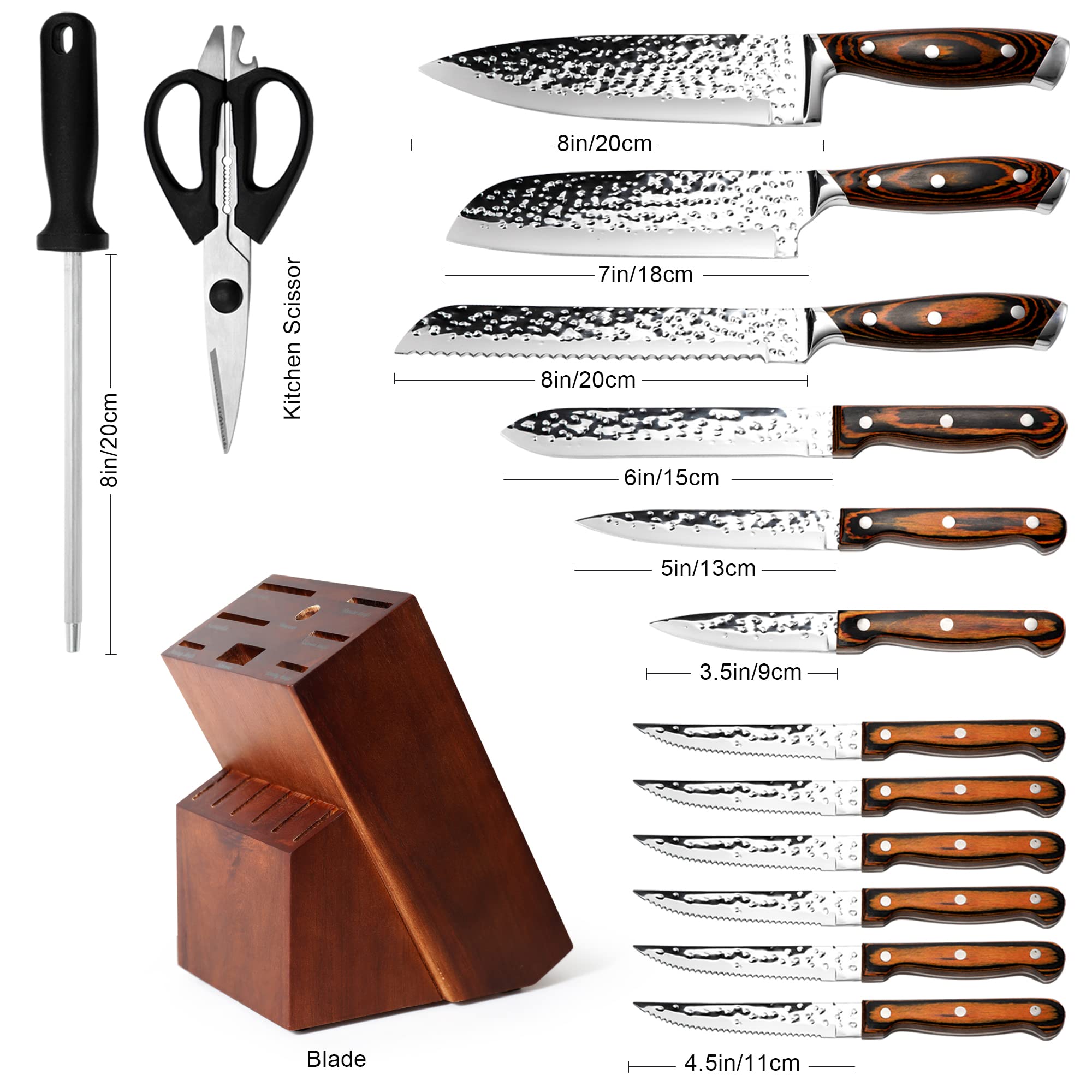 Knife Set, 15 Pieces Kitchen Knife Set with Wooden Block, Germany High Carbon Stainless Steel Knife Block Set with Sharpener, Knives Set for Kitchen with 6 Steak Knives Ultra Sharp Chef Knife Set