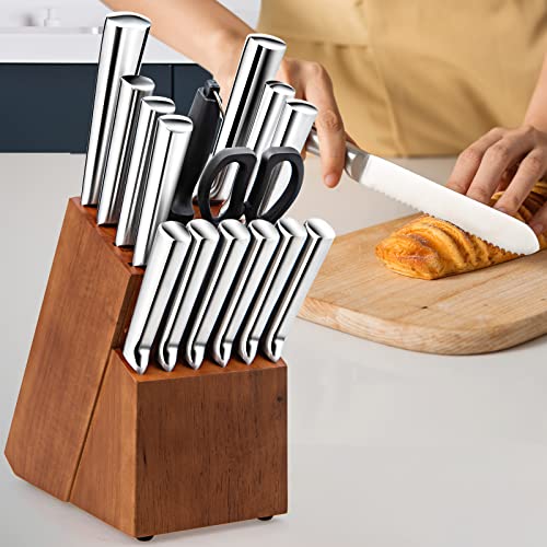 COSTWAY Kitchen Knife Set, with Block, Sharpener & Kitchen Shears,Ultra Sharp Knife Set with Chef Knife, Bread Knife, Santoku Knife, Utility Knife, 6 Steak Knives(16-Pieces, Silver, Brown)