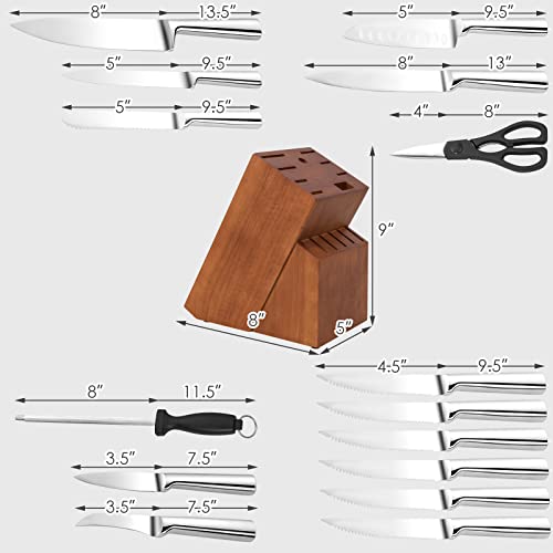 COSTWAY Kitchen Knife Set, with Block, Sharpener & Kitchen Shears,Ultra Sharp Knife Set with Chef Knife, Bread Knife, Santoku Knife, Utility Knife, 6 Steak Knives(16-Pieces, Silver, Brown)