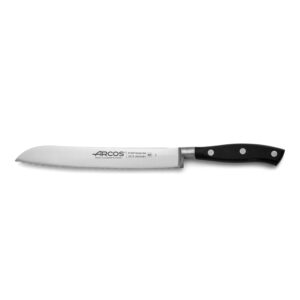 arcos bread knife 8 inch stainless steel. serrated kitchen knife for cutting bread and cake. ergonomic polyoxymethylene handle and 200mm blade. series riviera. color black