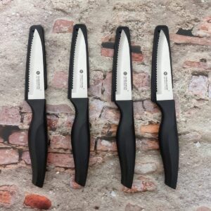 multipurpose kitchen knife set 4 inch paring knife with cover, steak knife, 5 inch utility knife, 5 inch serrated blade knife black handle (set of 4 steak knife (4 inch serrated blade))