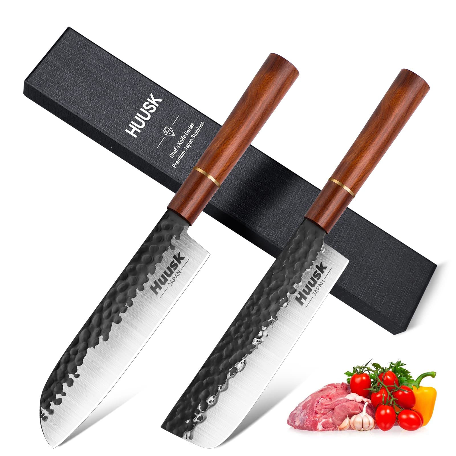 Huusk Japan Chef Knife Set, Santoku Japanese Kitchen Knife 7 inch and Nakiri Knife Vegetable & Fruit Knife 7inch, Hand Forged Cooking Knives