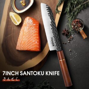 Huusk Japan Chef Knife Set, Santoku Japanese Kitchen Knife 7 inch and Nakiri Knife Vegetable & Fruit Knife 7inch, Hand Forged Cooking Knives