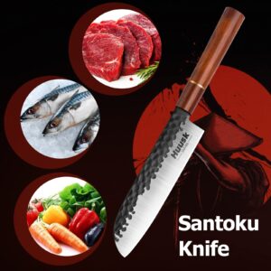 Huusk Japan Chef Knife Set, Santoku Japanese Kitchen Knife 7 inch and Nakiri Knife Vegetable & Fruit Knife 7inch, Hand Forged Cooking Knives