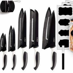 EatNeat 12 Piece Kitchen Knife Set 5 Piece Airtight Glass Kitchen Canisters with Black Lids - Includes Premium Black Labels and White Marker