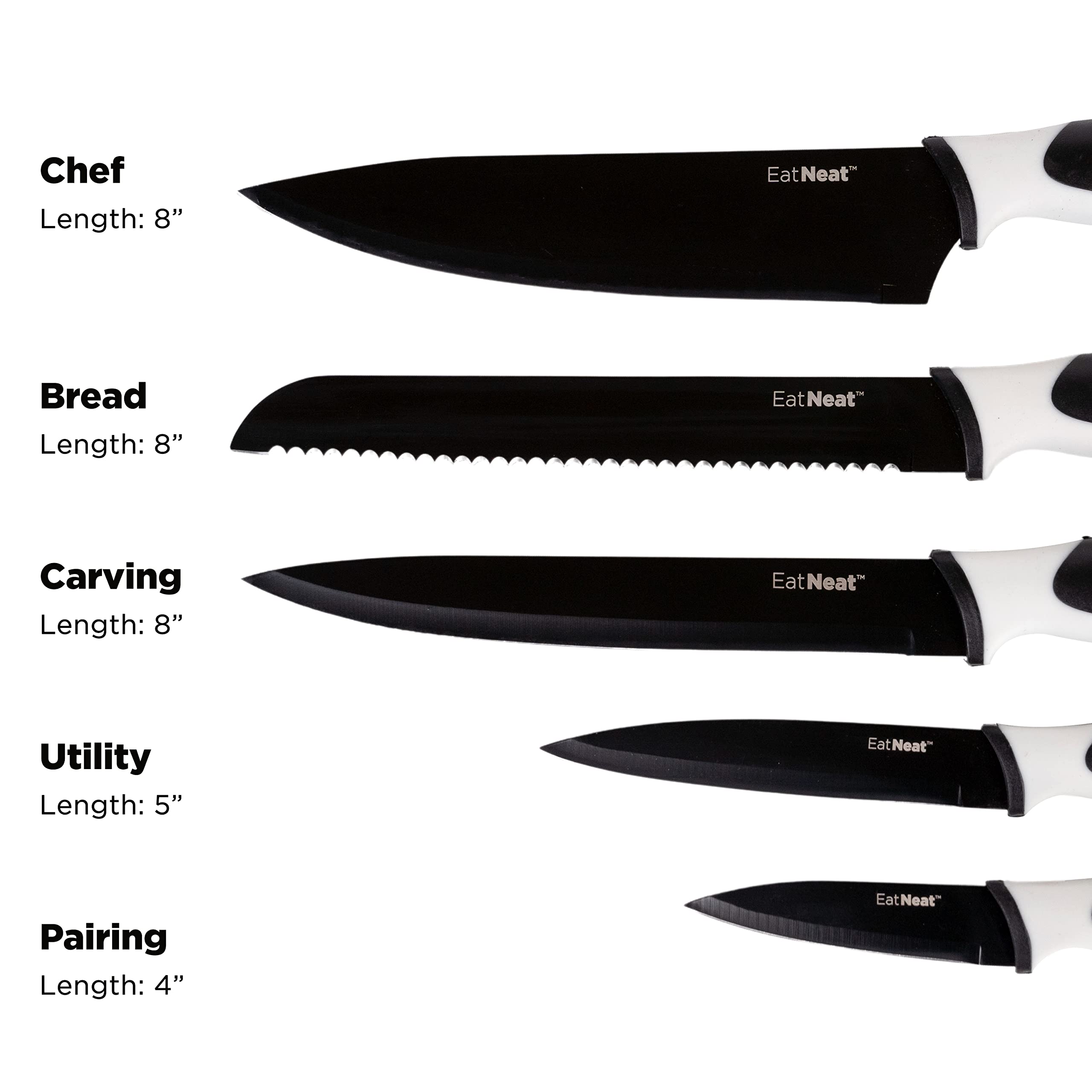 EatNeat 12 Piece Kitchen Knife Set 5 Piece Airtight Glass Kitchen Canisters with Black Lids - Includes Premium Black Labels and White Marker