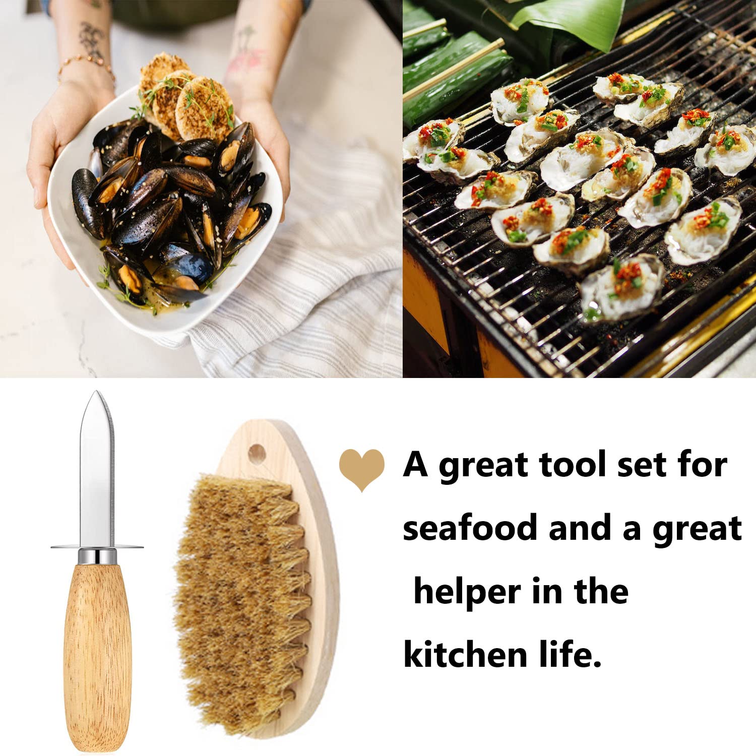 DXary Oyster Cleaning Brush Set, 2 Pieces Wood Oyster Brush with Oyster Shucking Knife Kit Natural Bristle Hair Hard Brush Suit For Kitchen Vegetable Oysters Seafood Brush Cleaning Tools (Wood)