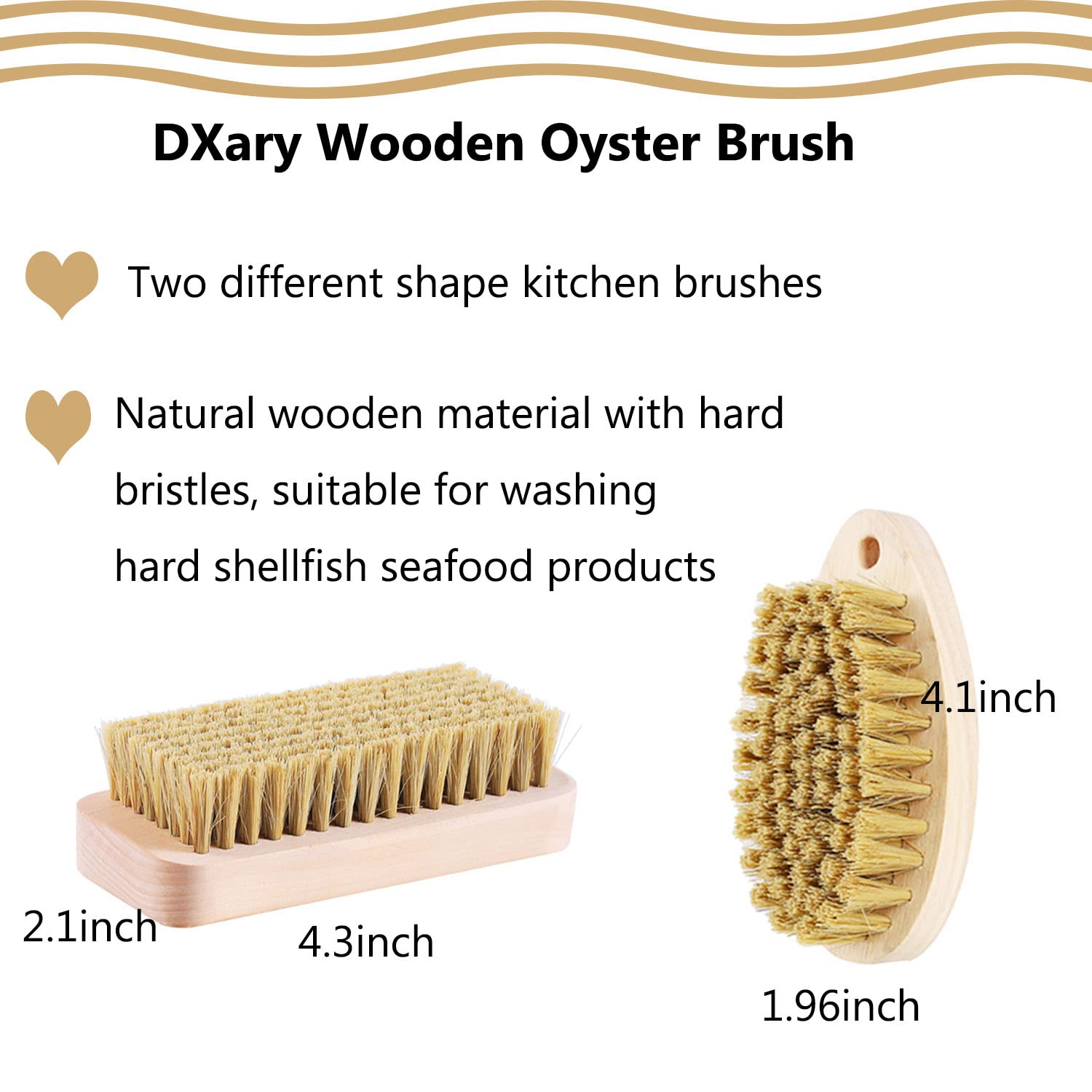 DXary Oyster Cleaning Brush Set, 2 Pieces Wood Oyster Brush with Oyster Shucking Knife Kit Natural Bristle Hair Hard Brush Suit For Kitchen Vegetable Oysters Seafood Brush Cleaning Tools (Wood)