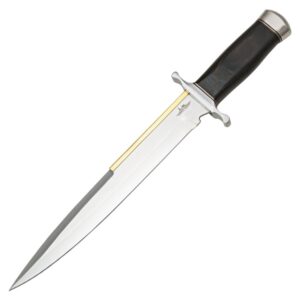 gil hibben old west toothpick bowie knife and leather sheath - designed for “expendables” film, mirror polished stainless steel blade - impressive knife for collectors - 17 1/2" overall