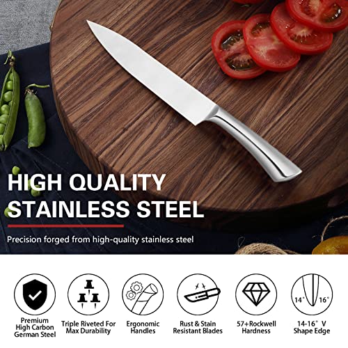 EDOSSA Knife Set - Kitchen Knife Set 8 Pieces Germany Stainless Steel Knife Block Set with Sharpener - Dishwasher Safe Kitchen Knives - Ultra Sharp Chef Knife Set for Kitchen Silver