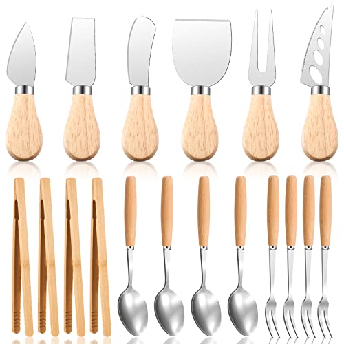 18 Pcs Charcuterie Accessories, Cheese Spreader Knive Set Cheese Butter Spreader Knife Wooden Charcuterie Utensils Wooden Handles Mini Serving Tongs Spoons Forks for Party Wedding Christmas