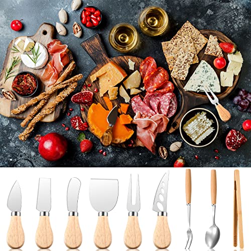 18 Pcs Charcuterie Accessories, Cheese Spreader Knive Set Cheese Butter Spreader Knife Wooden Charcuterie Utensils Wooden Handles Mini Serving Tongs Spoons Forks for Party Wedding Christmas