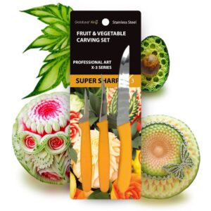 goldleafking super sharp x-3 series bundle pack | fruit & vegetable carving set of 3 | 2, 2.5, 4.5 inch orange handle | fruit carving tools carving knives