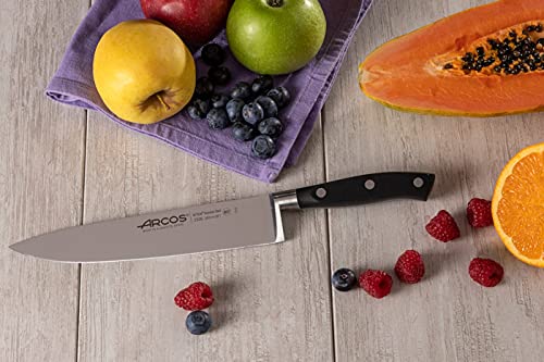 ARCOS Chef Knife 8 Inch Stainless Steel. Professional Cooking Knife for Cutting Fish, Meat and Onion. Ergonomic Polyoxymethylene Handle and 200mm Blade. Series Riviera. Color Black