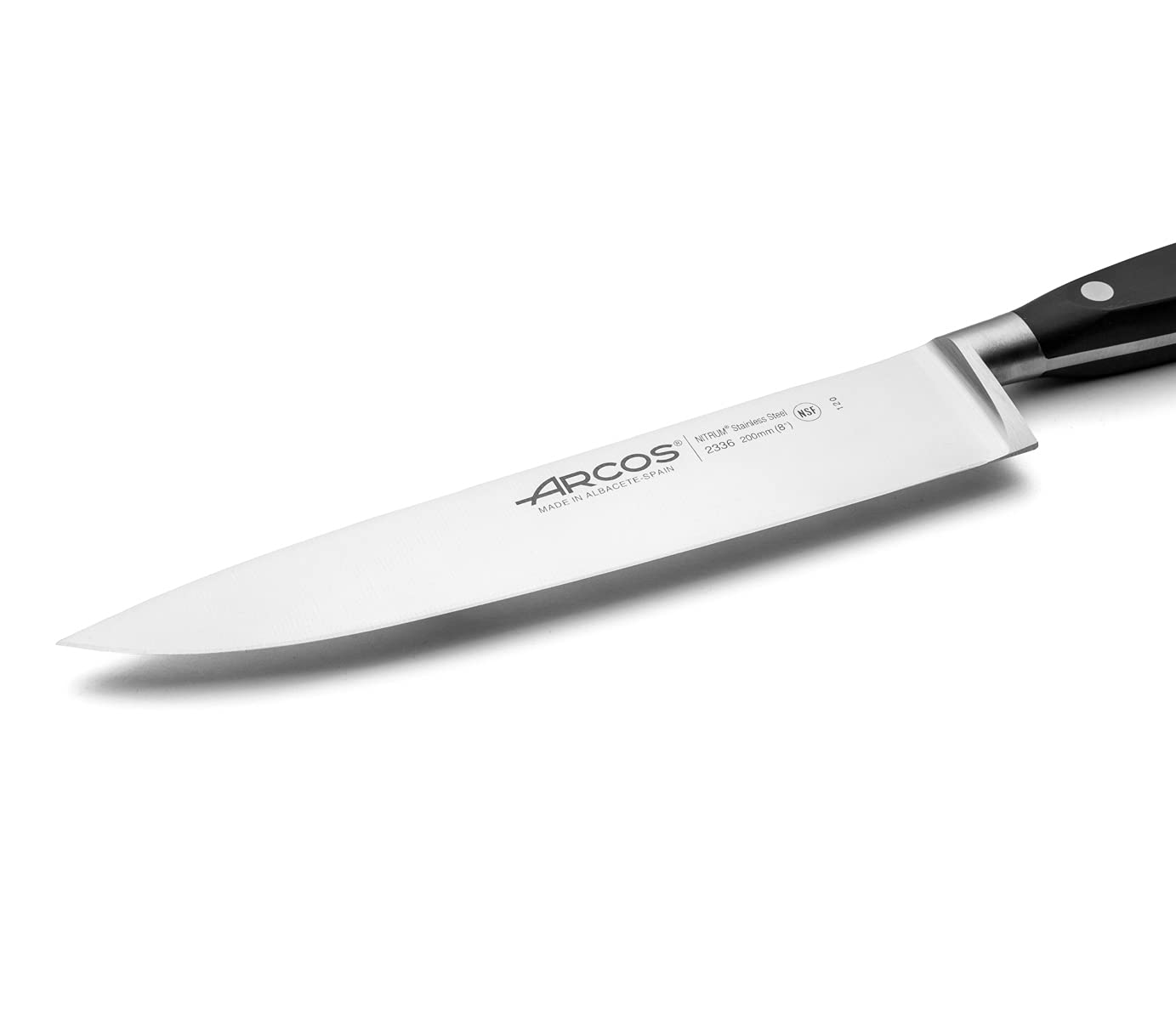 ARCOS Chef Knife 8 Inch Stainless Steel. Professional Cooking Knife for Cutting Fish, Meat and Onion. Ergonomic Polyoxymethylene Handle and 200mm Blade. Series Riviera. Color Black