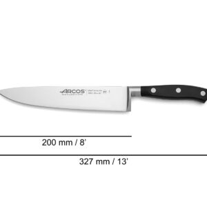 ARCOS Chef Knife 8 Inch Stainless Steel. Professional Cooking Knife for Cutting Fish, Meat and Onion. Ergonomic Polyoxymethylene Handle and 200mm Blade. Series Riviera. Color Black