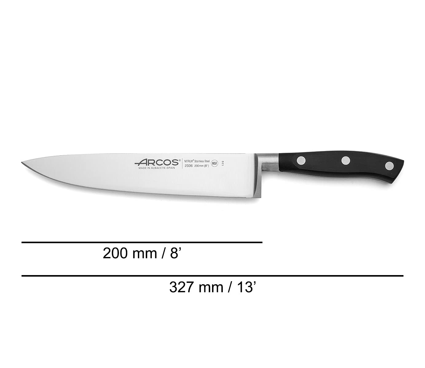 ARCOS Chef Knife 8 Inch Stainless Steel. Professional Cooking Knife for Cutting Fish, Meat and Onion. Ergonomic Polyoxymethylene Handle and 200mm Blade. Series Riviera. Color Black