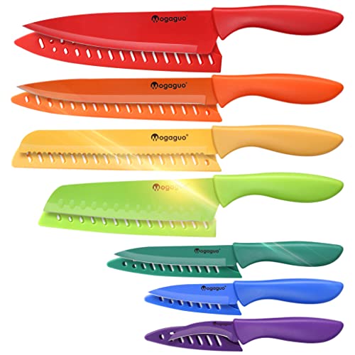 Mogaguo 14 Piece Rainbow Professional kitchen knife Set, Sharp Knife Set for Cutting Meat, Kitchen Knife Set with Sheath Covers, 7 knives and 7 knife covers