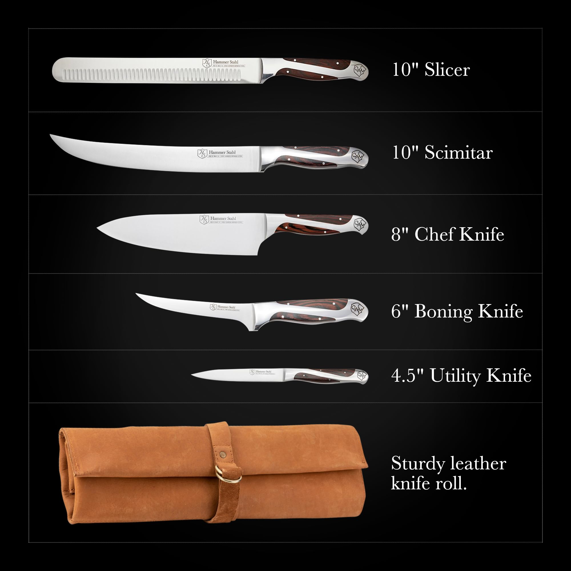 Hammer Stahl BBQ Knife Set | 5 Piece Knife Set with Engraved Leather Roll | Premium Quality Barbecue Knife Set for Meat Cutting | The Essential BBQ Stainless Steel Knife Set | Cutting Knife Set