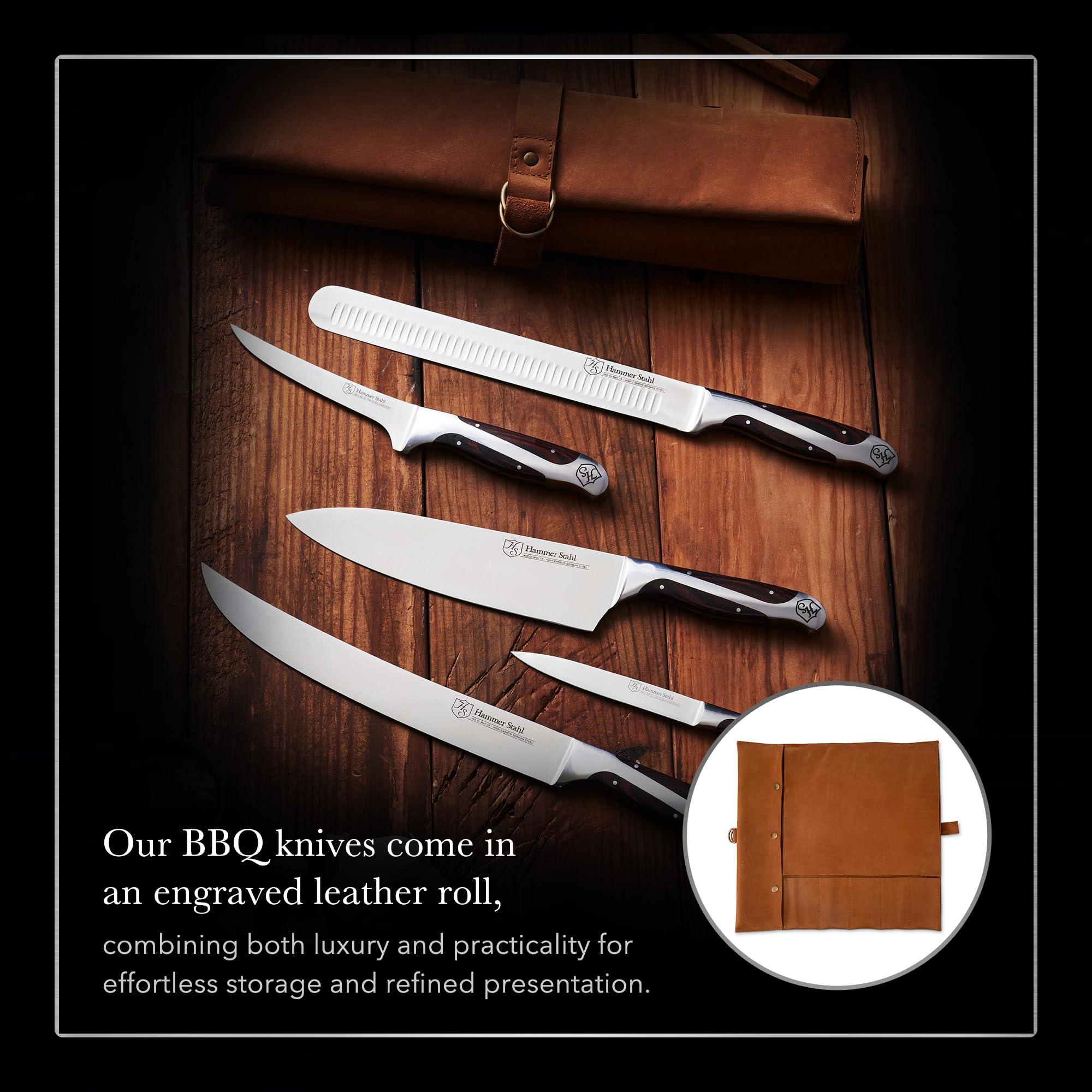 Hammer Stahl BBQ Knife Set | 5 Piece Knife Set with Engraved Leather Roll | Premium Quality Barbecue Knife Set for Meat Cutting | The Essential BBQ Stainless Steel Knife Set | Cutting Knife Set